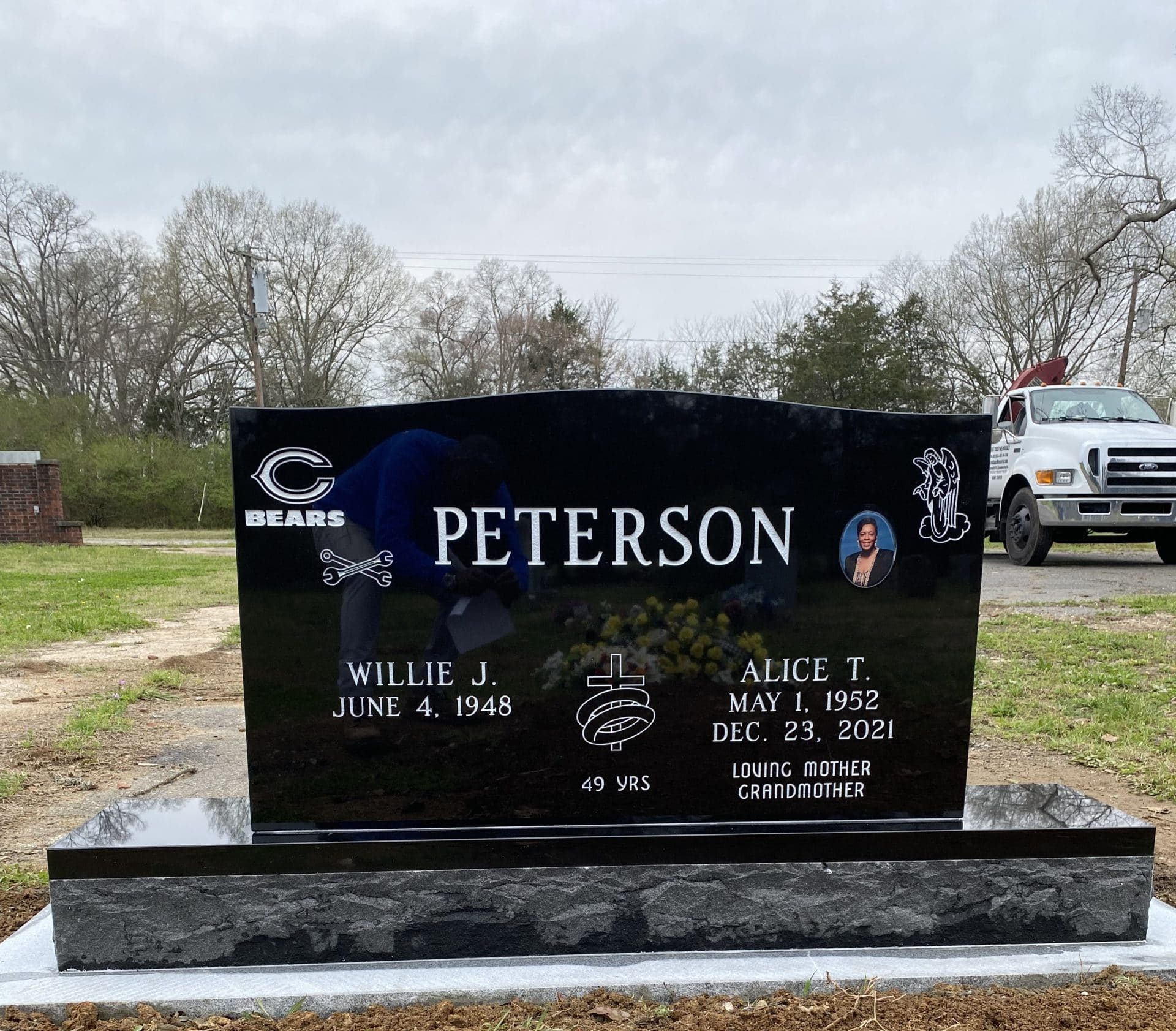 Double Upright Morning Rose Granite Headstone with granite foundation ...